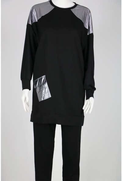 Siyah Omuz ve Cebi Jakarlı Eşofman Takımı