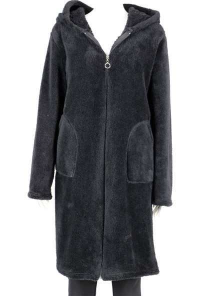 Siyah Peluş Fermuarlı Uzun Hırka Siyah Peluş Fermuarlı Uzun Hırka