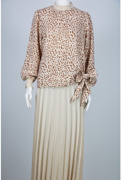 Tarçın Gömleği Desenli Eteği Pileli Takım