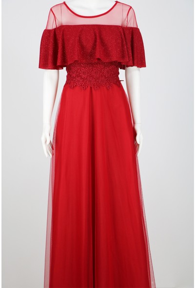 Kırmızı Göğsü Volanlı Tül Etek Uzun Elbise
