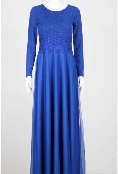 Saks Mavi Beli Dantel Şeritli Uzun Kol U.elbise