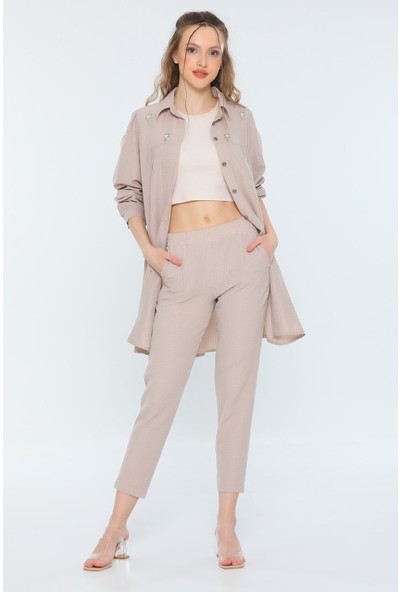 Bej Kadın Yüksek Bel Cepli Kendinden Desenli Pantolon
