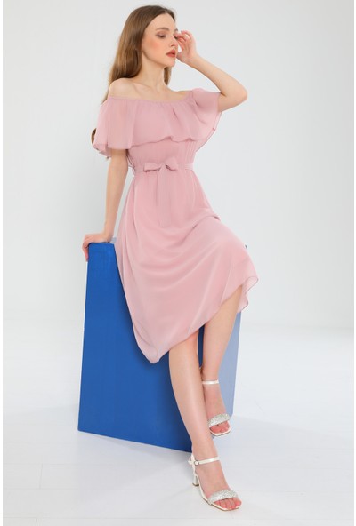 Pudra Kadın Madonna Yaka Astarlı Midi Boy Şifon Elbise
