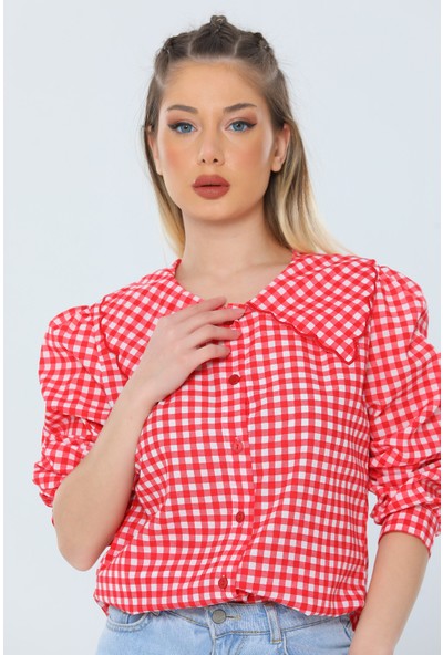 Kırmızı Kadın Bebe Yaka Patükare Desenli Gömlek