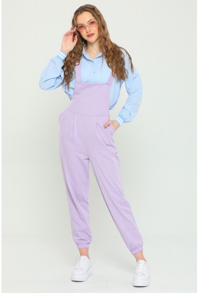 Lila Kadın Likralı Sırt Çapraz Bahçıvan Salopet Tulum