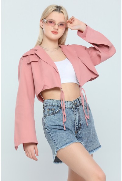 Pudra Kadın Beli Bağcıklı Sırt Detaylı Crop Jean Ceket Pudra Kadın Beli Bağcıklı Sırt Detaylı Crop Jean Ceket