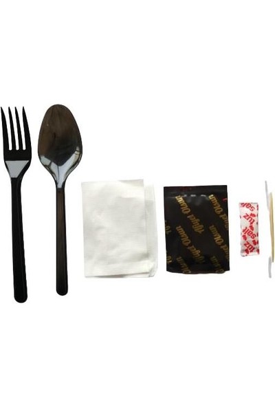 1001 Ambalaj Yemek Seti 6' Lı Ikram Seti Lüks Çatal Kaşık Siyah Islak Mendil Peçete Tuz Kürdan 50 Adet