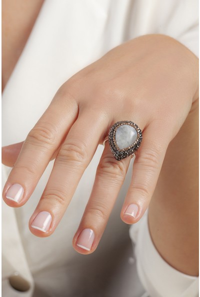 Ateş Gold Doğal Ay Taşı Kadın Gümüş Yüzük
