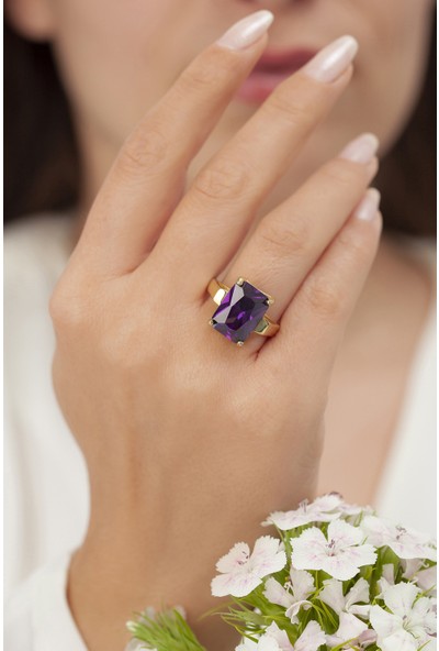 Ateş Gold Ametist Taşlı Kadın Gümüş Yüzük
