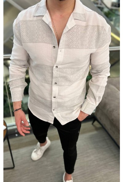 Alum Polo Yaka Çizgili Keten Beyaz-Gri Gömlek