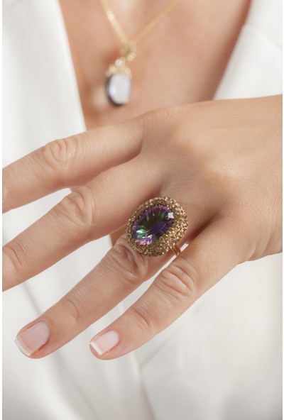 Ateş Gold Mistik Topaz Oval Kadın Gümüş Yüzük Ateş Gold Mistik Topaz Oval Kadın Gümüş Yüzük