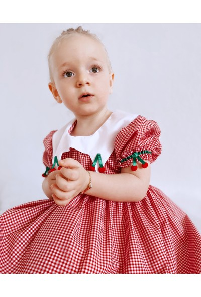 Le Petit Sole Kirazlı Kırmızı Kısa Kollu Çocuk Elbise