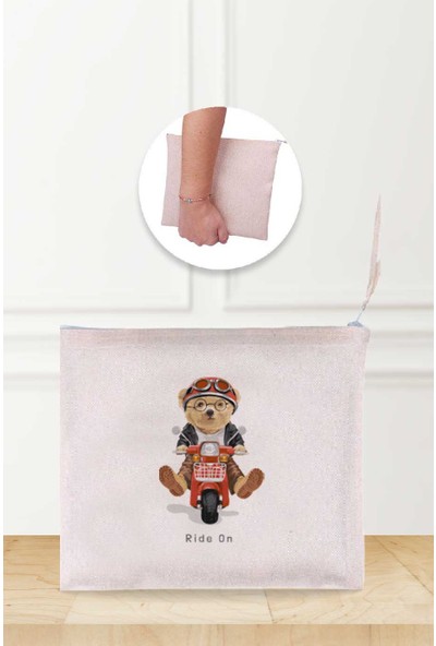 Gizeo Concept Motorcu Teddy Desenli Desenli Keten Makyaj Çantası Gizeo Concept Motorcu Teddy Desenli Desenli Keten Makyaj Çantası