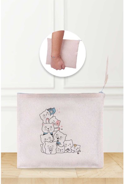 Gizeo Concept Tatlı Kediler Desenli Keten Makyaj Çantası