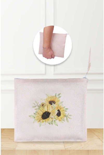 Gizeo Concept Ayçiçeği Desenli Keten Makyaj Çantası