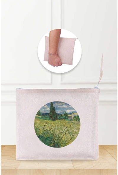 Gizeo Concept Van Gogh Green Field Desenli Keten Makyaj Çantası