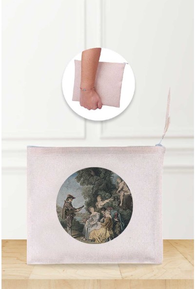 Gizeo Concept Antoine Watteau La Leçon D'amour Desenli Keten Makyaj Çantası