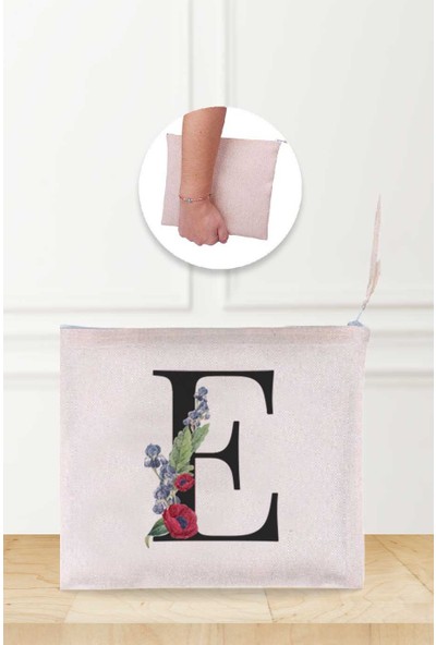 Gizeo Concept E Harfli Desenli Keten Makyaj Çantası