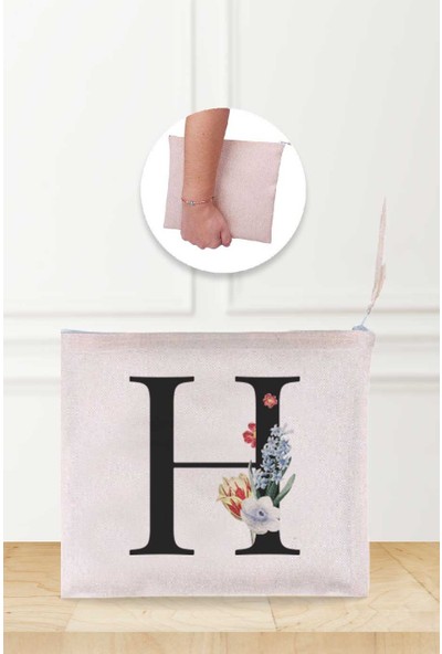 Gizeo Concept H Harfli Desenli Keten Makyaj Çantası