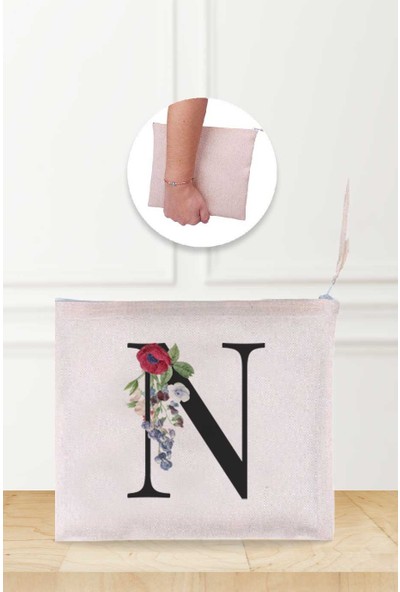 Gizeo Concept N Harfli Desenli Keten Makyaj Çantası Gizeo Concept N Harfli Desenli Keten Makyaj Çantası