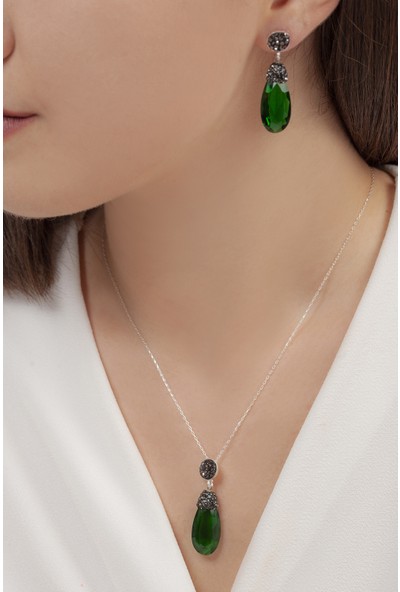 Ateş Gold Yeşil Kadın Ikili Gümüş Set Takım