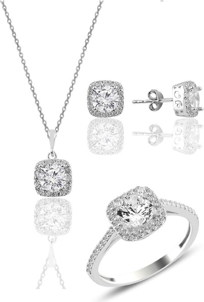Ateş Gold Gümüş Zirkon Taşlı Kare Üçlü Set