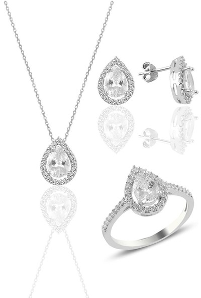Ateş Gold Gümüş Rodyumlu Zirkon Taşlı Damla Modeli Üçlü Set Ateş Gold Gümüş Rodyumlu Zirkon Taşlı Damla Modeli Üçlü Set