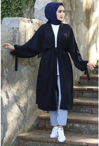 Bisküvi Kolları Bağlamalı Kuşaklı Kimono-Siyah