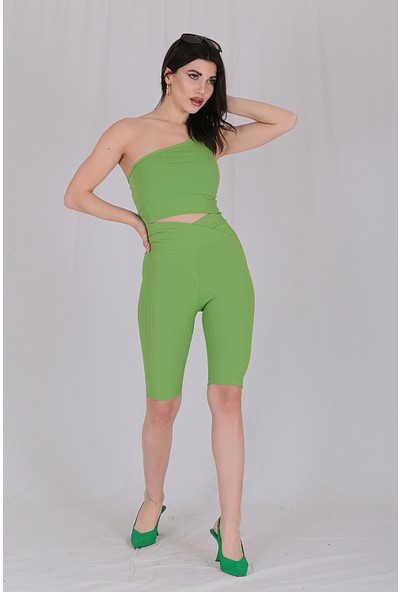 Nam Kadın Yeşil V Kesim Biker Tayt