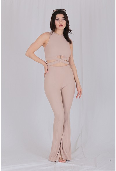 Nam Kadın Çapraz Detaylı Crop Üst ve Yırtmaçlı Yüksek Bel Tayt Pantolon