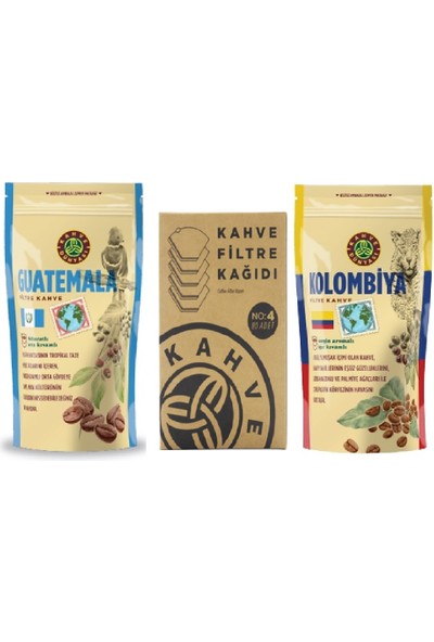 Kahve Dünyası Kolombiya Filtre Kahve 250GR ve Guatemala Filtre Kahve 250GR + 1 Adet Filtre Kagıdı Kahve Dünyası Kolombiya Filtre Kahve 250GR ve Guatemala Filtre Kahve 250GR + 1 Adet Filtre Kagıdı