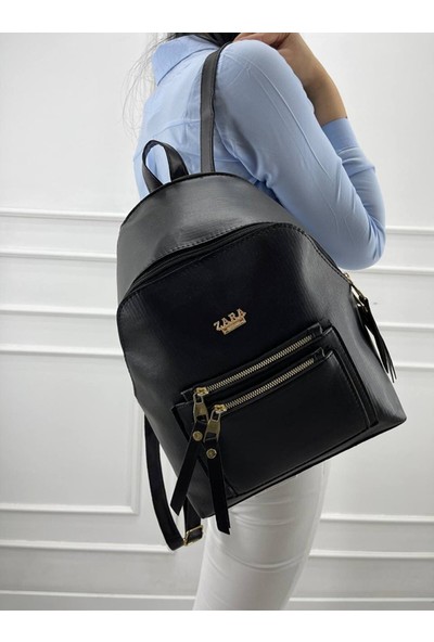Kadın Siyah Ayarlanabilir Askılı 3 Fermuarlı Çanta Sırt Çantası