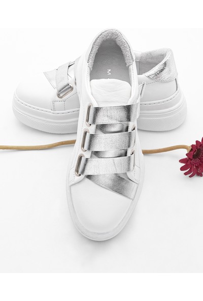 Kadın Sneaker Hakiki Deri Kalın Taban Cırt Cırt Bantlı Spor Ayakkabı Lefaz