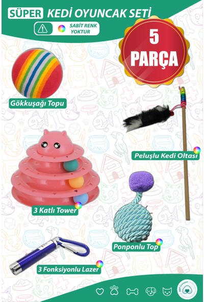 Ast Gross Pet Süper Kedi Oyuncak Seti Kedi Topu Kedi Oltası Kedi Lazer 3 Katlı Kedi Oyuncak Tower