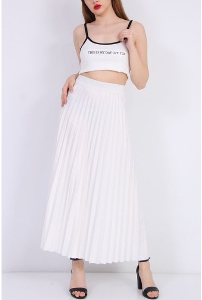 Deri Görünümlü Pilise Etek Beyaz