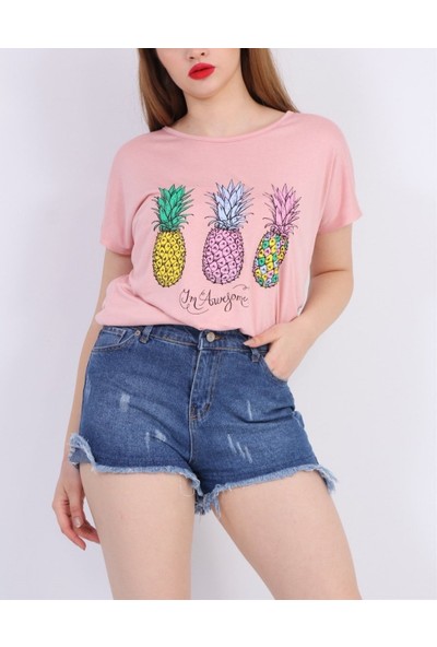 Ananas Baskılı Tişört Pudra