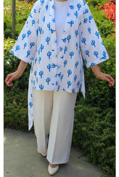 Mavi Kaktüs Desenli Kimono
