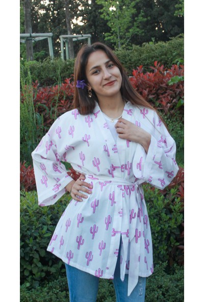 Pembe Kaktüs Desenli Kimono