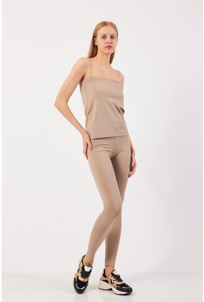 Bej Tayt Takımı , Toparlayıcı Düz Tayt, Askılı Crop Top