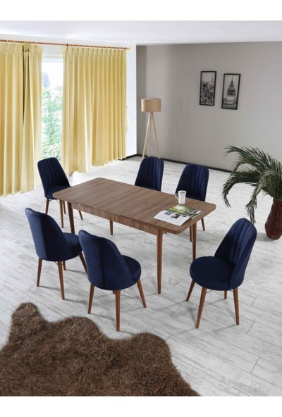 Morkese Sunlike Serisi Sümela Gold 6 Sandelyeli Açılabilir Yemek ve Mutfak Masa Takımı - Lacivert