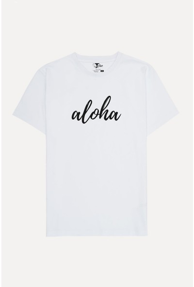 Tyke Aloha Baskılı Unisex Beyaz T-Shirt