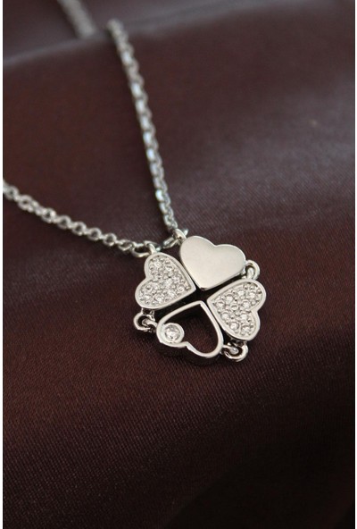 Çelik Gümüş Renk Taşlı Kalp Figürlü Yonca Kolye