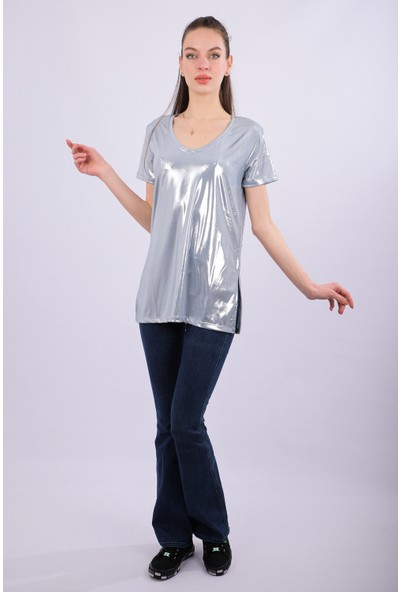 Kadın Mavi V Yaka Varaklı Yırtmaçlı Bluz