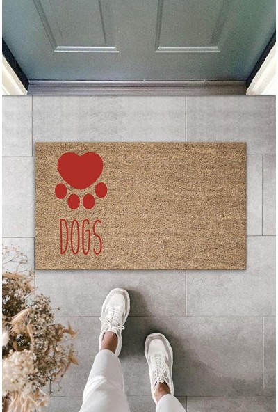 Berlin Shop Dijital Baskı Kahverengi Kırmızı Kalpli Dogs Dekoratif Kapı Paspası K-2072