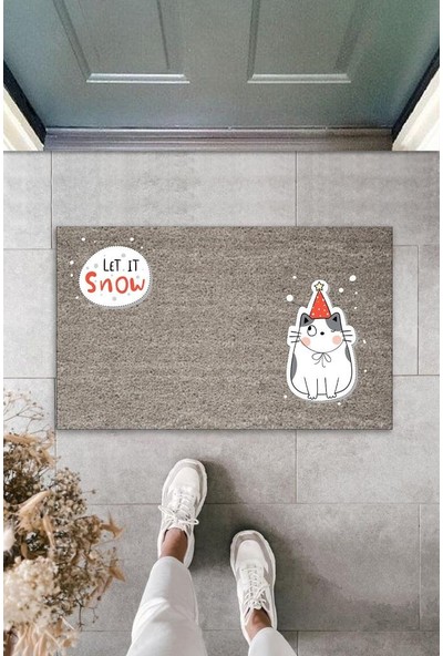 Berlin Shop Dijital Baskı Gri Let It Snow Kukuletalı Kedi Dekoratif Kapı Paspası K-2058