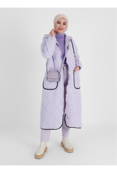 Tavin Biye Detaylı Kapüşonlu Fermuarlı Şişme Mont - Lila - Tavin