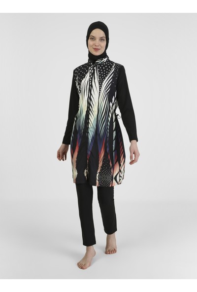 Mayo Bella Kolları Lycra Renkli Yaprak Desen Tam Kapalı Mayo - Çok Renkli - Mayo Bella