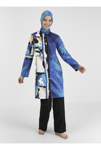 Mayo Bella Geometrik Garnili Tam Kapalı Mayo - Mavi - Mayo Bella