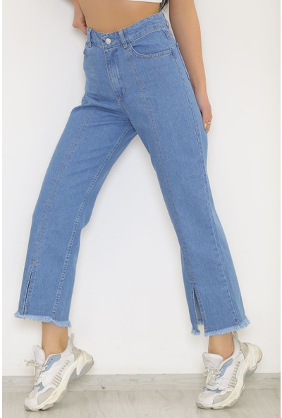 BYR Paça Yırtmaçlı Püsküllü Kot Pantolon Mavi
