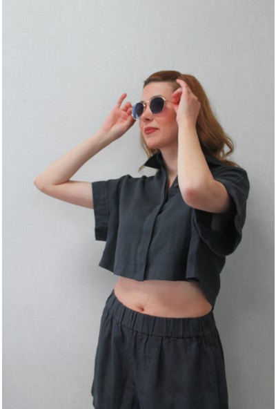 TÜRKMAHALL Crop Kısa Kollu Keten Gömlek